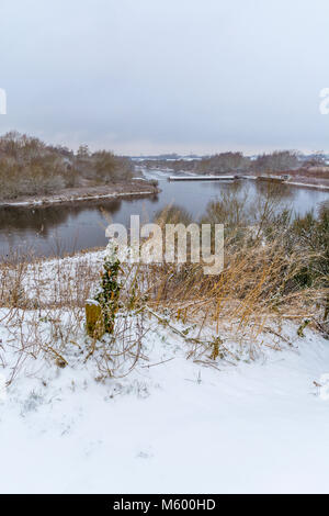 A view of the snow covered scenery at Woolston Eyes in Warrington ...