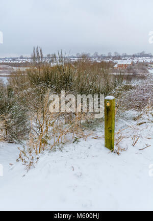 A view of the snow covered scenery at Woolston Eyes in Warrington ...