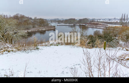 A view of the snow covered scenery at Woolston Eyes in Warrington ...
