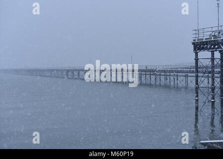 Southend Pier in a snow storm during the ‘Beast from the East’ weather ...