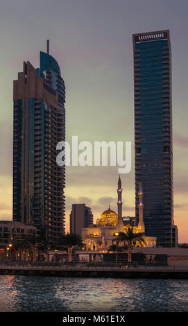 Dubai skyline at sundown, Dubai Marina, United Arab Emirates Stock ...
