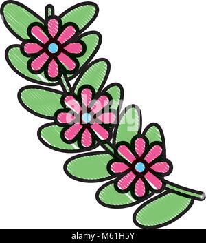 stem with leaves and beautiful flowers over white background, colorful ...