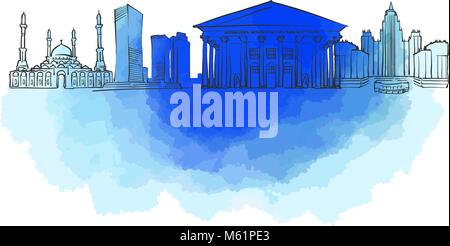 Astana, Kazakhstan famous Travel Sketch. Lineart drawing by hand ...