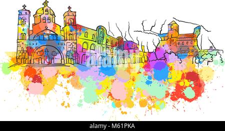 Podgorica city map with hand-drawn architecture icons. All drawigns, map and background ...