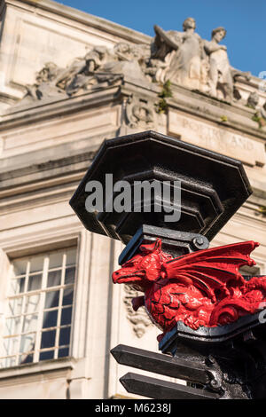 Cardiff City Hall with dragon statue on roof cupola. Summer 2022. July ...
