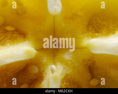 Close up shot of seed, placenta, and pericarp of cut yellow bell pepper ...