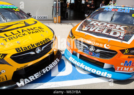 Adelaide, Australia. 28th Feb, 2018. V8 type Supercars are rolled out ...