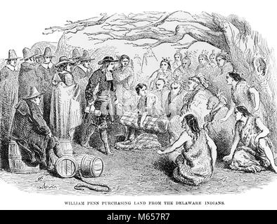 William Penn treaty with Native Americans in Pennsylvania 1680s. Hand ...