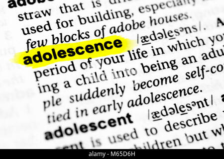 Highlighted English word "adolescent" and its definition in the ...