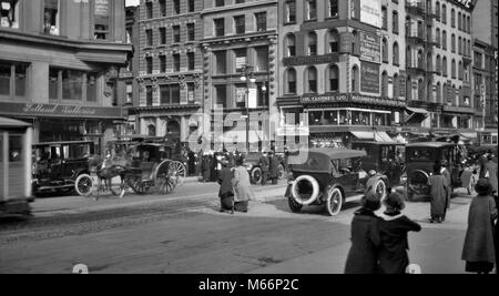 1920s AUTOMOBILE AND PEDESTRIAN TRAFFIC BUSY FIVE POINTS INTERSECTION ...