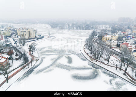 Aerial: Frozen Upper Lake in winter, Kaliningrad Stock Photo - Alamy