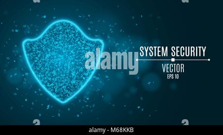 A glowing blue shield of programming symbols. System security. High ...