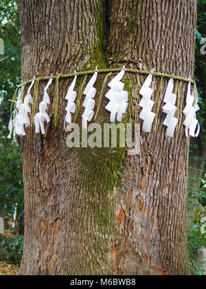 Traditional Japanese Shinto shimenawa sacred rope covered in snow, tied ...