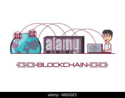 Vector cartoon blockchain technology icon in comic style. Cryptography ...