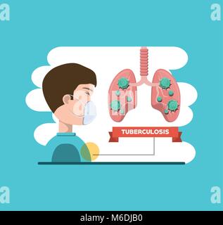 Tuberculosis design with lungs and man with surgical mask over blue and ...