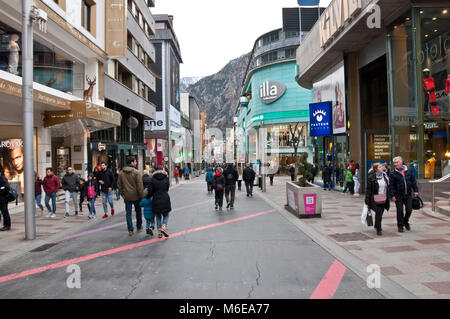 Pedestrians seen on a commercial street of Andorra la Vella, Andorra ...