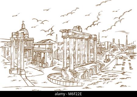 Ancient Rome roman forum. Hand drawn historic landmark. Famous travel ...