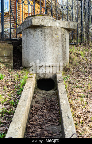 storm water channel concrete gutter with rain water on the side of a ...