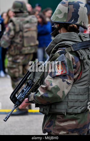 French soldier mounts guard on the occsion of a public drill, Lyon ...