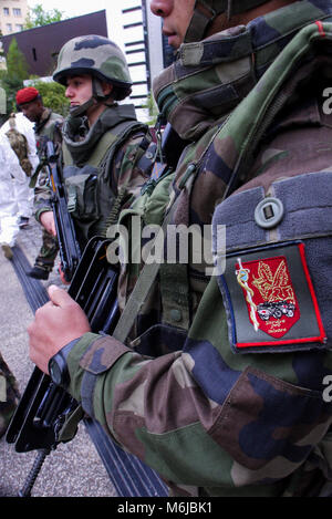 French soldier mounts guard on the occsion of a public drill, Lyon ...