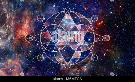 Abstract cosmos geometric background with polygons, triangles, stars ...