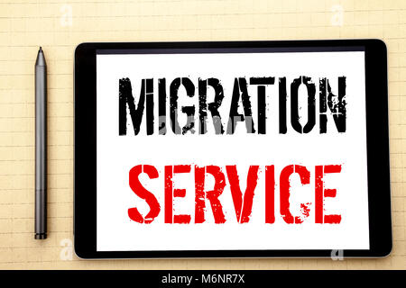 Handwritten text showing Migration Service. Business concept writing ...