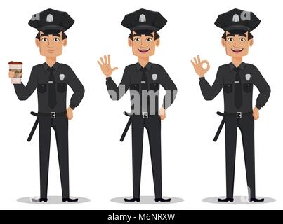 Police officer, policeman waving hand. Smiling cartoon character cop ...