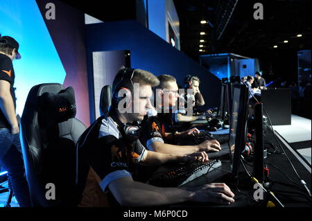 Popular eSports competition, with players concentrating on stage during ...