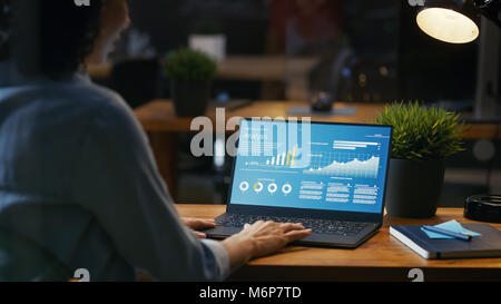 Female Analyst at Her Desk Works on a Laptop Showing Statistics, Graphs ...