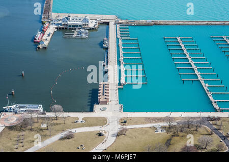 Aerial view of DuSable harbor where the Chicago River meets Lake ...