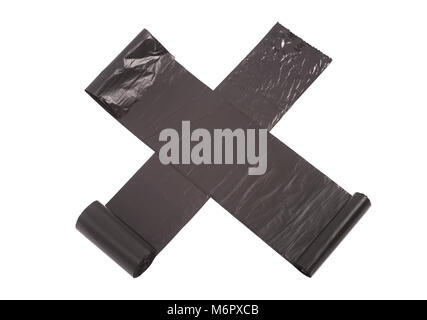 trash or garbage bags rolled as a cross for help recycling concept ...