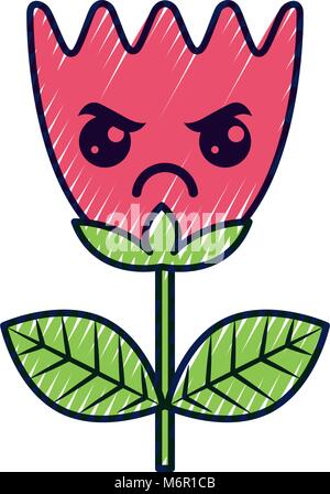 kawaii angry flower tulip leaves cartoon vector illustration degrade ...
