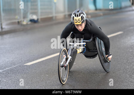 Nikki Emerson racing in the Vitality Big Half half marathon crossing ...