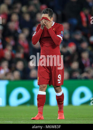 Liverpool's Roberto Firmino looks dejected during the Premier League ...