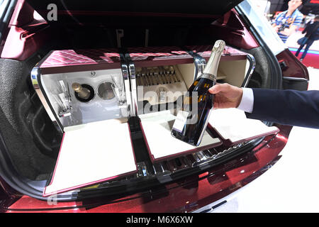 GENEVA, SWITZERLAND - MARCH 7, 2018: Rear seat car entertainment system ...
