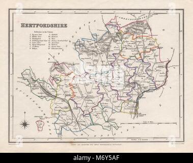 Hertfordshire antique county map by J & C Walker. Railways & boroughs ...