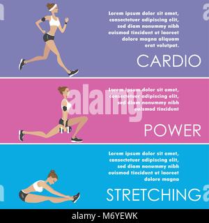 Set of horizontal color banners about different physical activity and ...