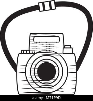 sketch of photographic camera with strap over white background, vector ...