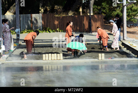 A unique sand bath at Kamegawa onsen by the ocean at Beppu Stock Photo ...