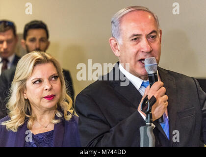 Sara Netanyahu looks on as her husband, Prime Minister Benjamin ...