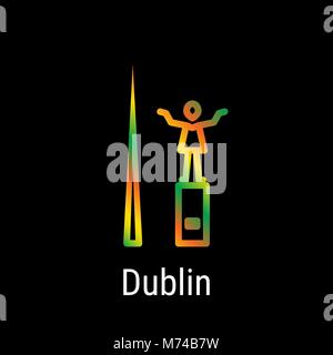 Dublin, Ireland Vector Line Icon with Red Ribbon Isolated on White ...