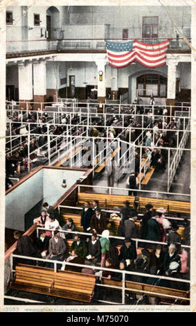The image captures immigrants arriving at Ellis Island, marking a ...