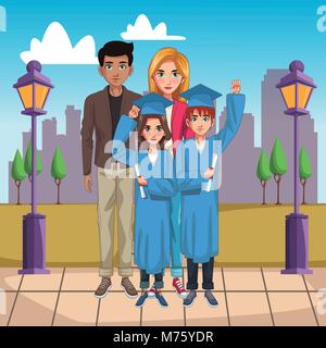 Family with graduated son cartoon vector illustration graphic design ...