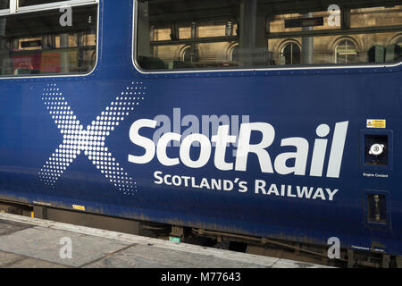 ScotRail logo on the side of a carriage with Gaelic Rèile na h-Alba ...