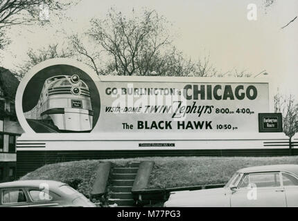 An outdoor advertisement for the Chicago, Burlington & Quincy Railroad ...