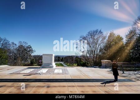 An unidentified member of The Old Guard, on duty and walking the mat ...