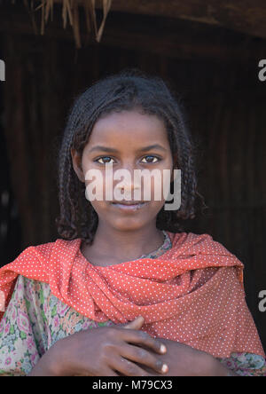Portrait of an afar tribe teenage girl in front of her hut, Afar region ...