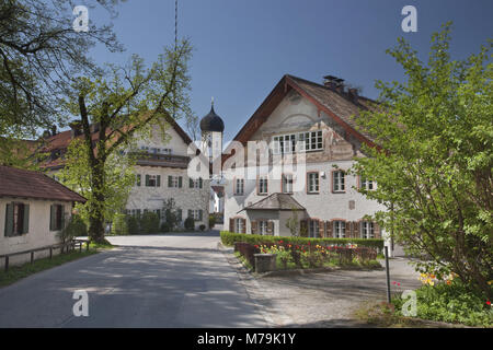 Germany, Bavaria, Aying, village church, bulbous spire, street, tree ...