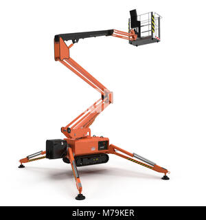 large orange extended scissor lift platform on white background. 3D ...