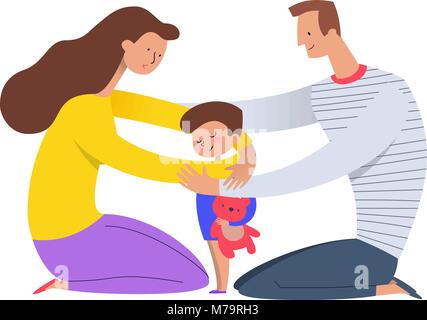 Parents hugging son. Mom and dad embracing their child and talking to ...